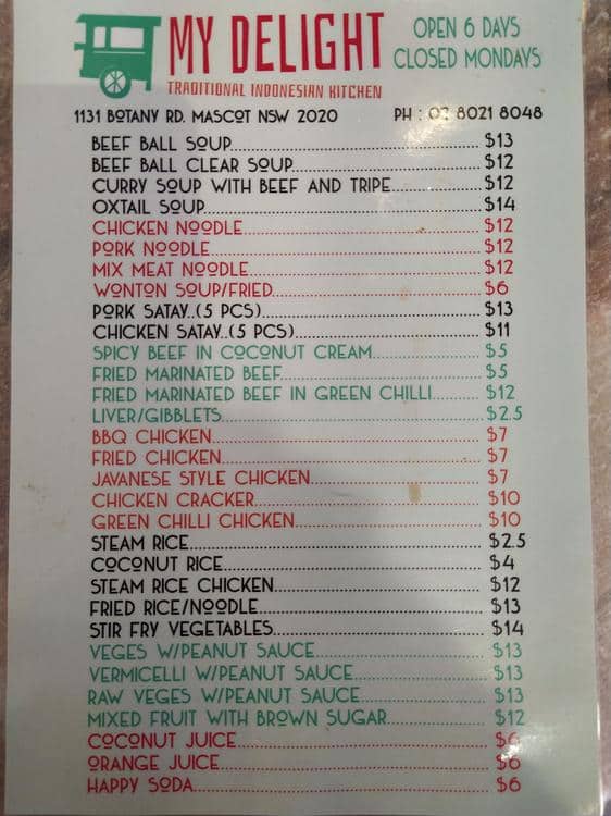 Menu at My Delight restaurant, Mascot