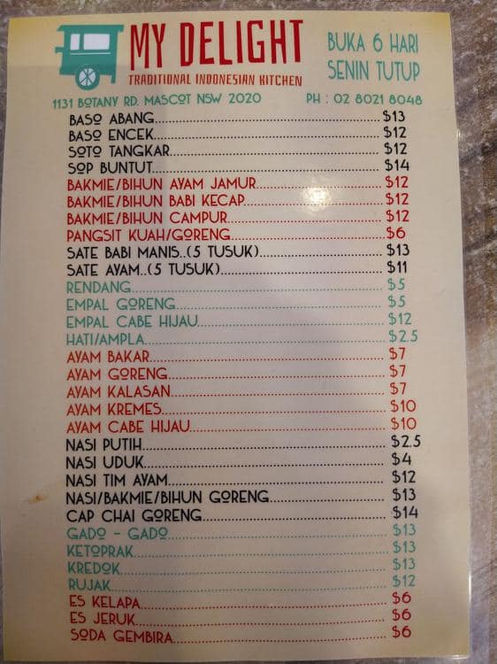 Menu at My Delight restaurant, Mascot