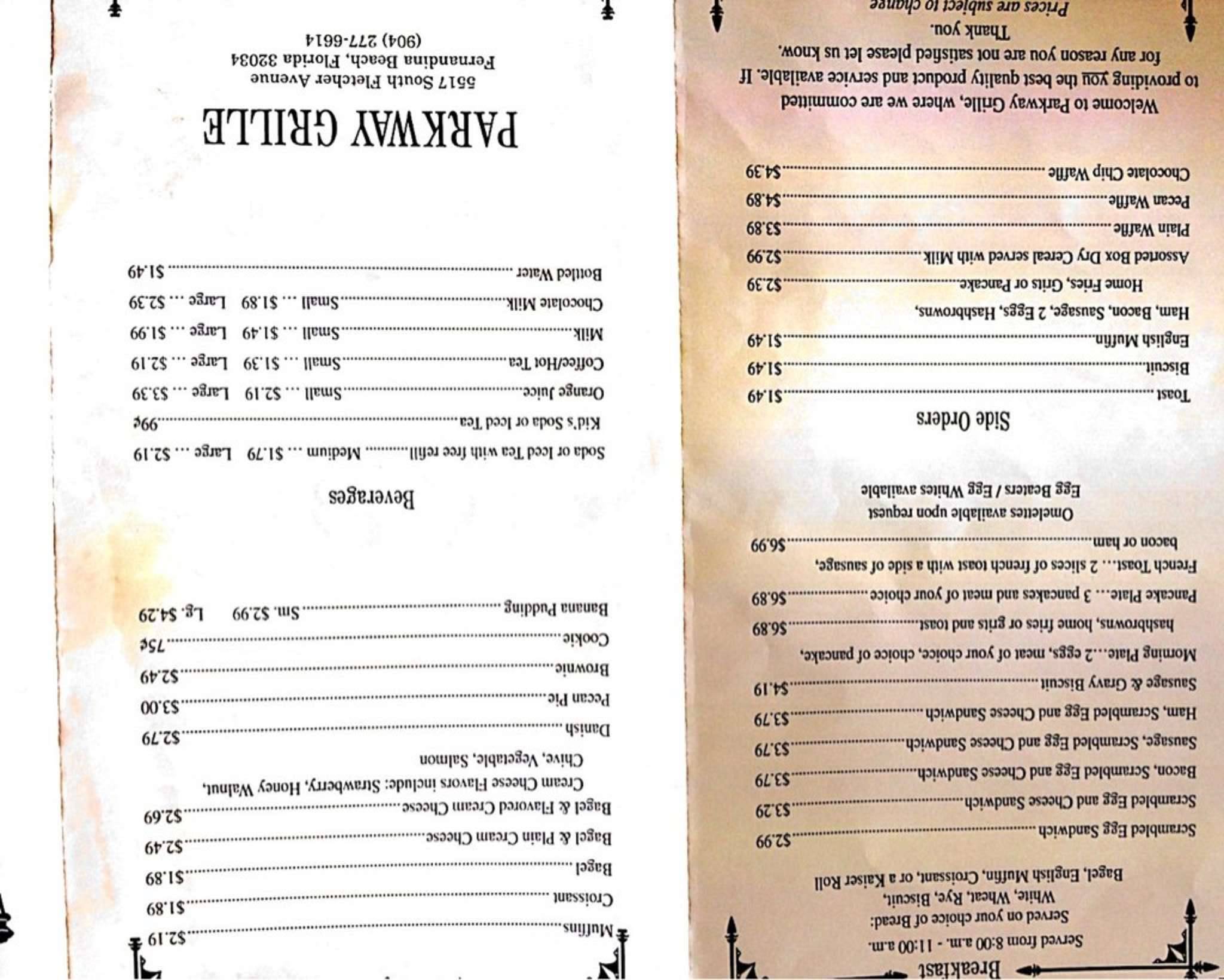 Menu at Parkway Grille restaurant, Fernandina Beach