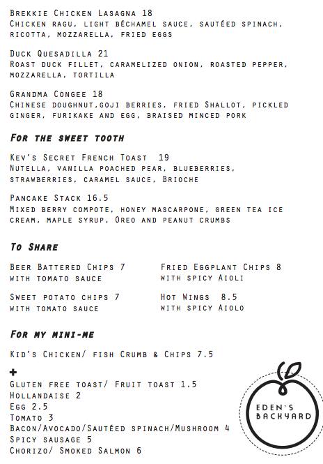 Menu at Eden's Backyard cafe, Carlton