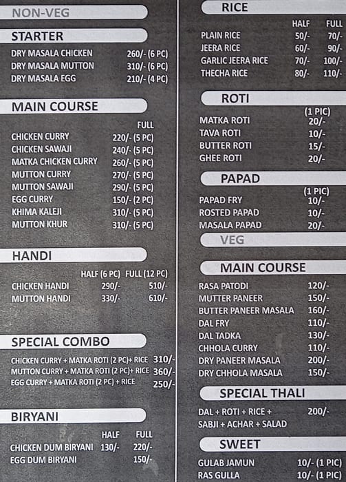 Menu of Taj Matka Roti, Bajaj Nagar, Nagpur