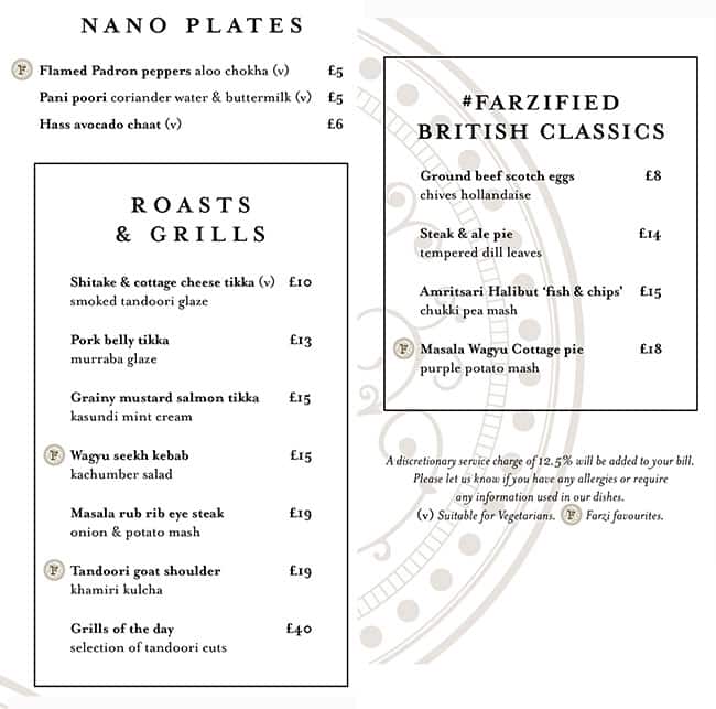 Menu at Farzi Café restaurant, London