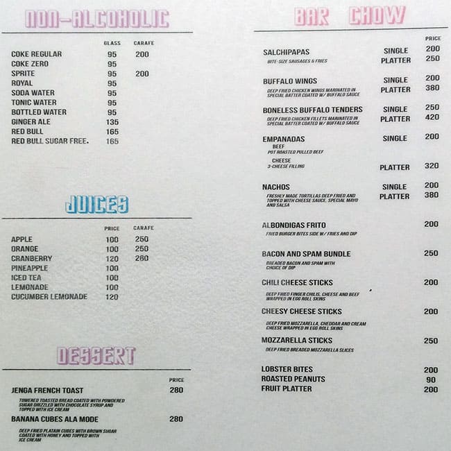 Menu at El Chanto pub & bar, Makati