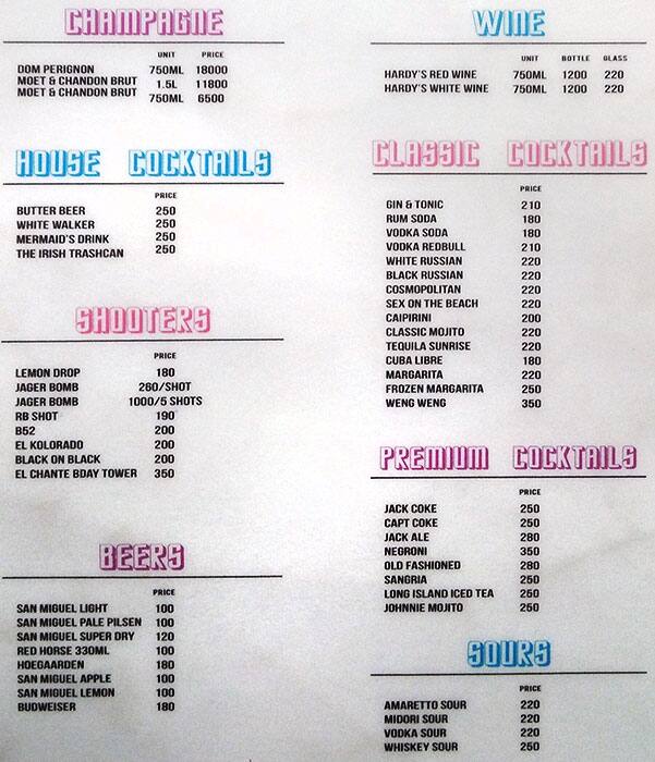 Menu at El Chanto pub & bar, Makati