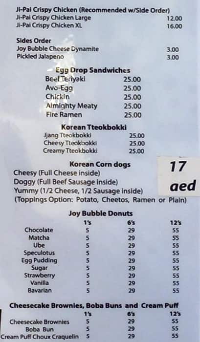 Menu of Joy Bubble, Qusais, Dubai
