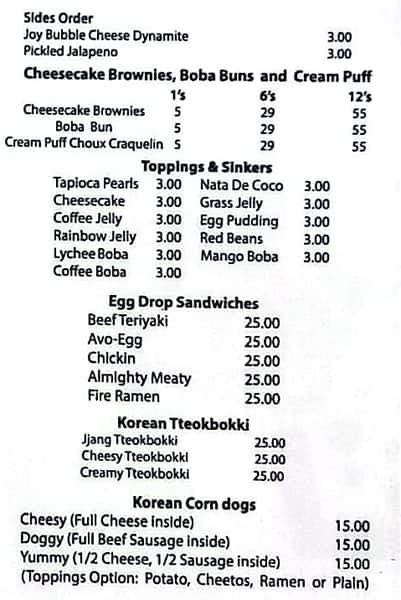 Menu of Joy Bubble, Qusais, Dubai