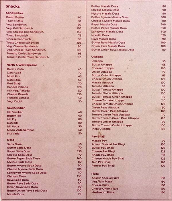 Menu of Adarsh Pure Veg, Old Panvel, Navi Mumbai