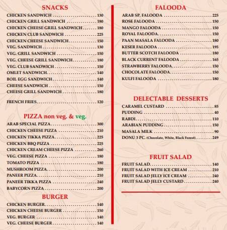 Menu of Arab Falooda And Snacks, Sewri, Mumbai