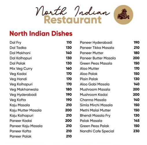 Menu of Nandhi North Indian Veg Restaurant, Sarjapur Road, Bangalore