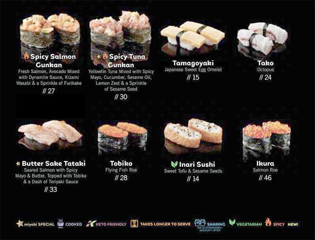 Carta del pub y bar Miyabi Sushi Difc, Dubai, Al Mustaqbal Street