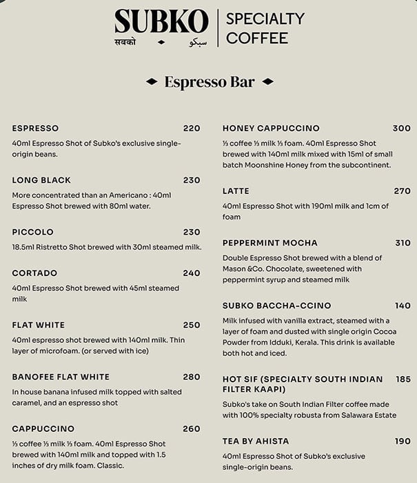 Menu of Subko Mary Lodge, Reclamation, Bandra West, Mumbai