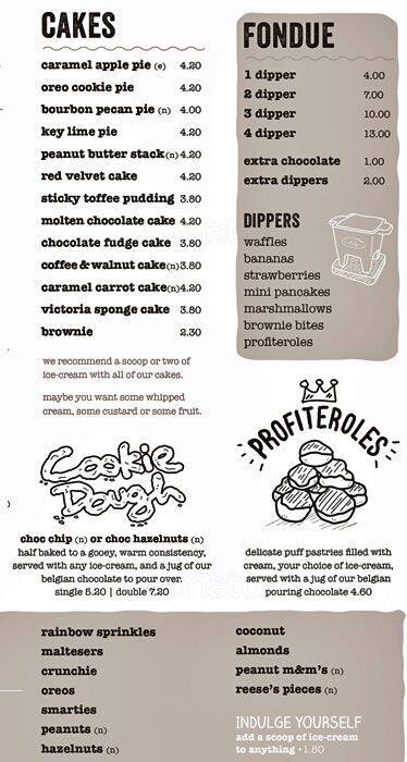 Menu at Indulge desserts, Pinner, 209-211 Marsh Rd