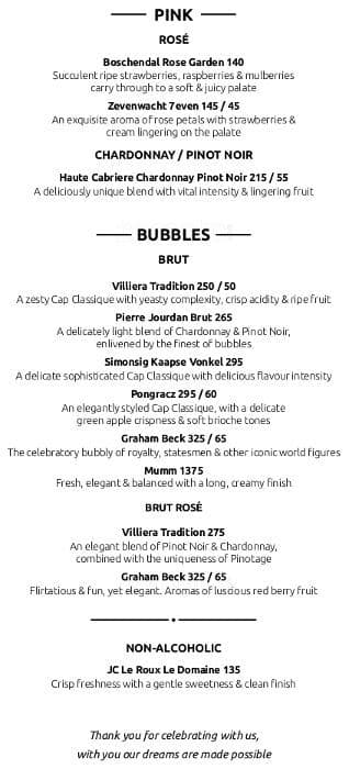 Menu at Madame Zingara restaurant, Sandton