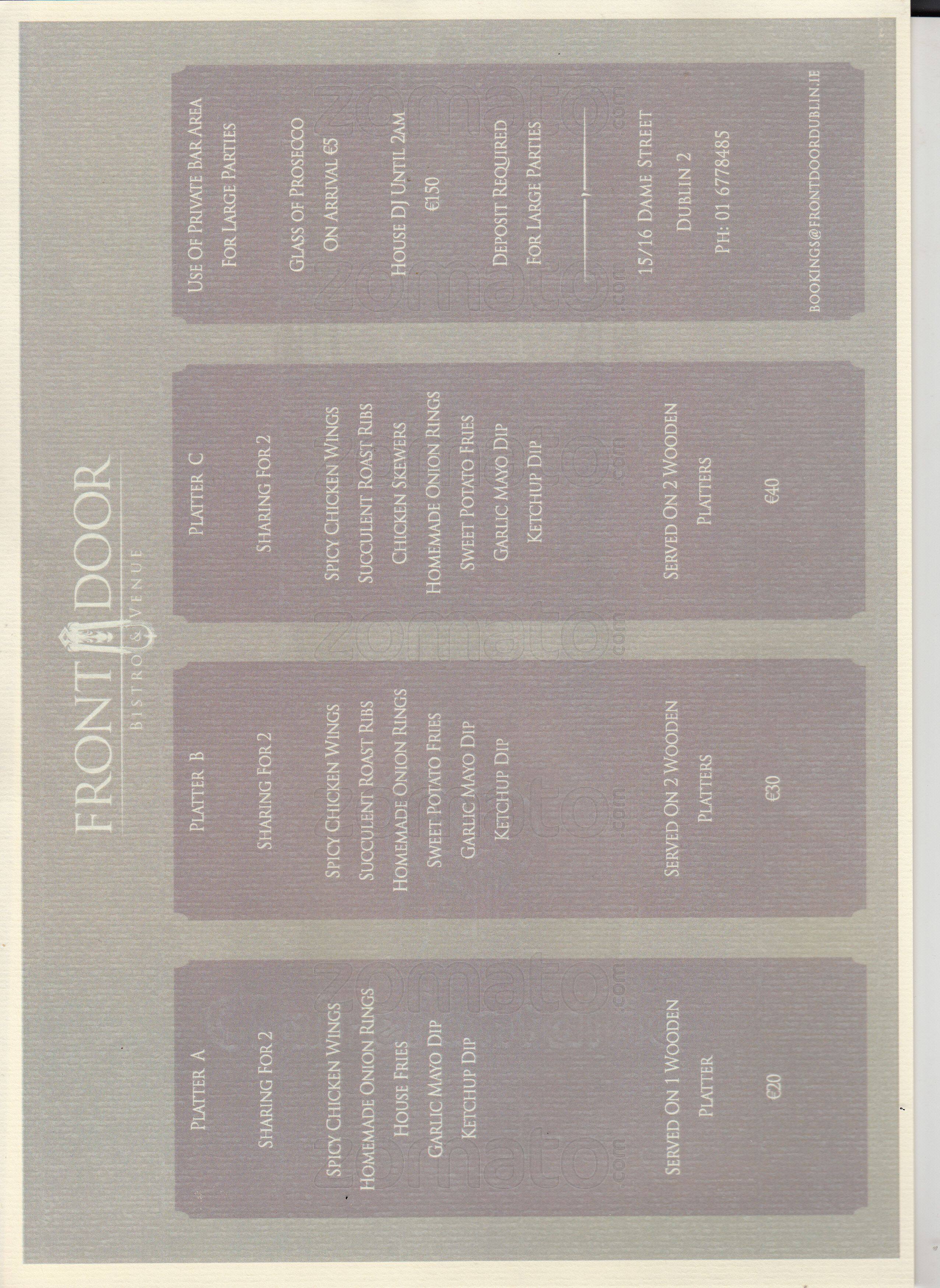 Menu at Front Door pizzeria, Dublin