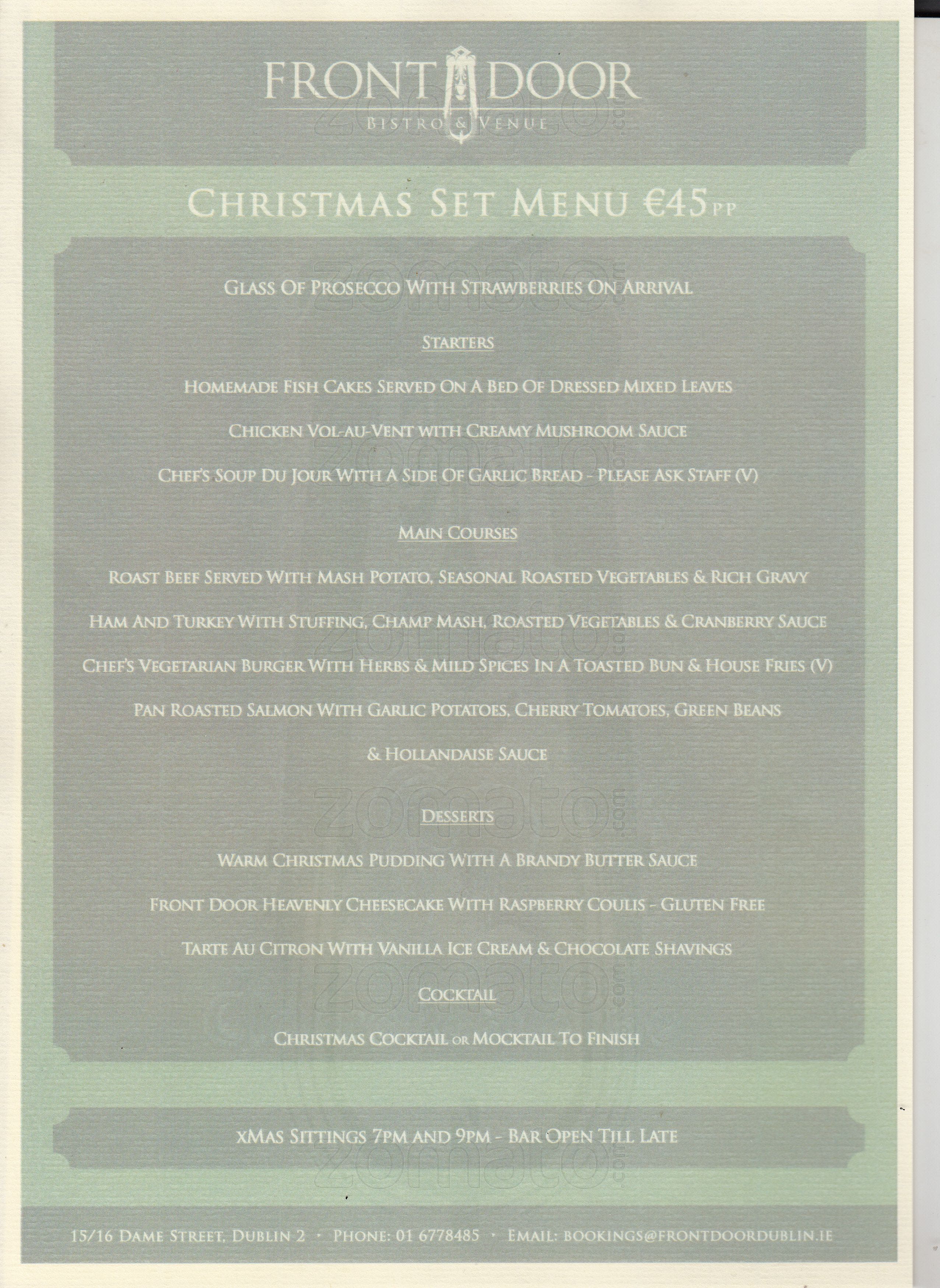 Menu at Front Door pizzeria, Dublin