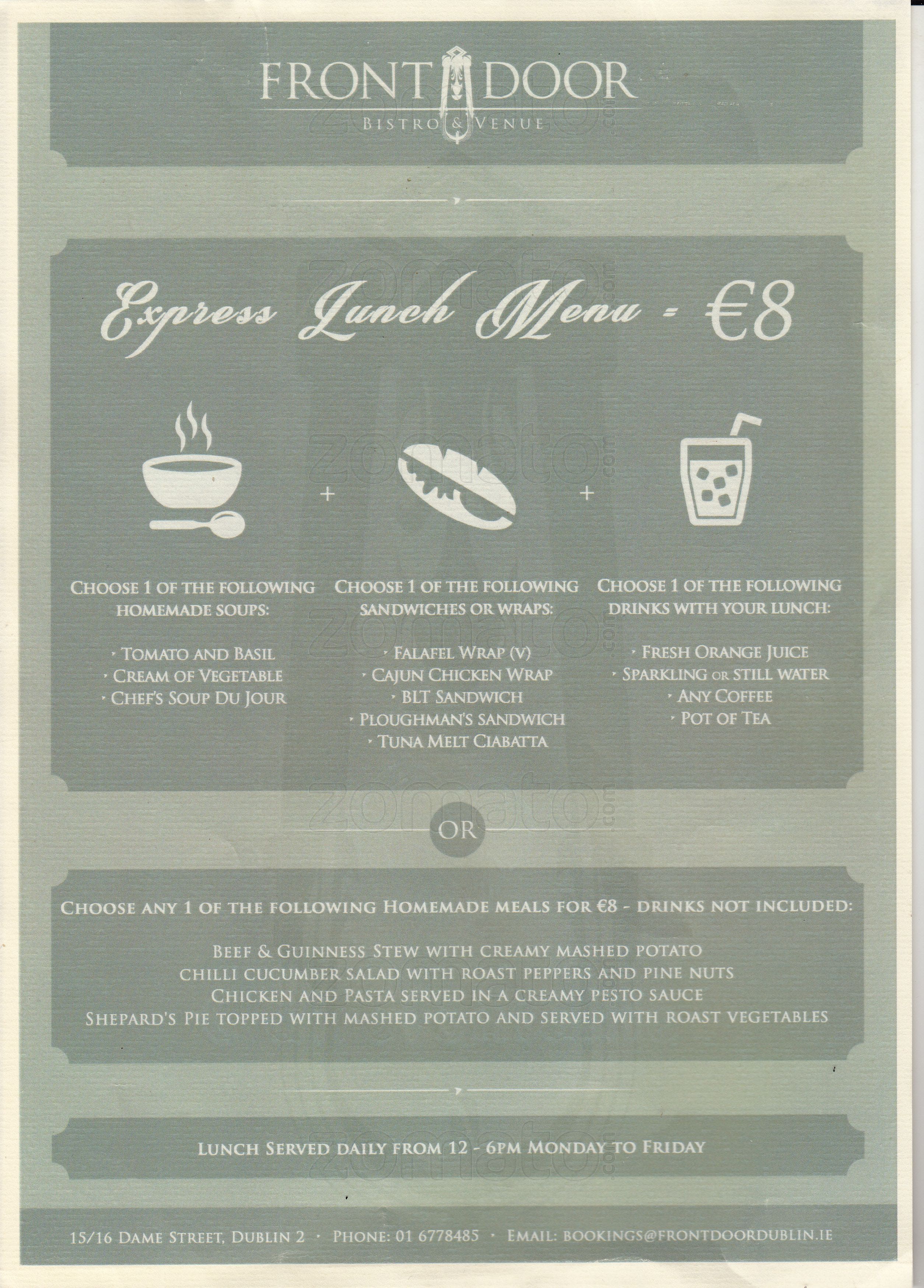 Menu at Front Door pizzeria, Dublin