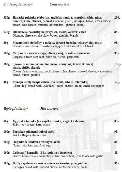 Menu at Mikulovská restaurace a vinárna restaurant, Olomouc