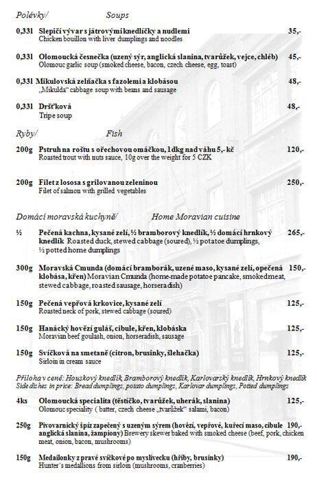 Menu at Mikulovská restaurace a vinárna restaurant, Olomouc