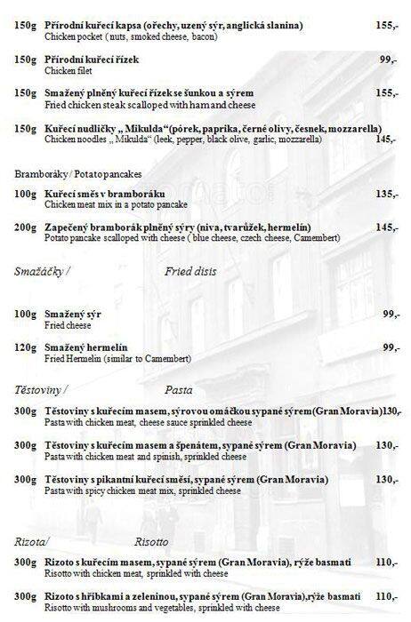 Menu at Mikulovská restaurace a vinárna restaurant, Olomouc