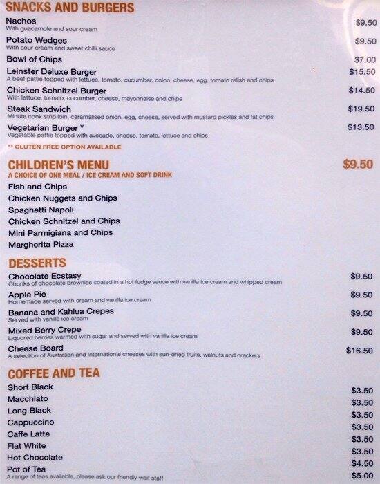 Menu at Leinster Arms Hotel pub & bar, Collingwood