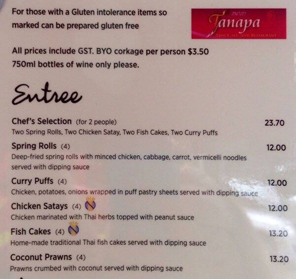 Menu at Tanapa Thai restaurant, Glenelg