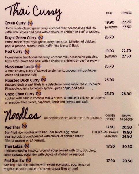 Menu at Tanapa Thai restaurant, Glenelg