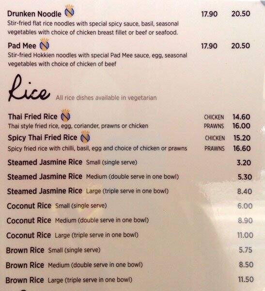 Menu at Tanapa Thai restaurant, Glenelg