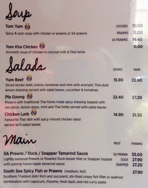 Menu at Tanapa Thai restaurant, Glenelg