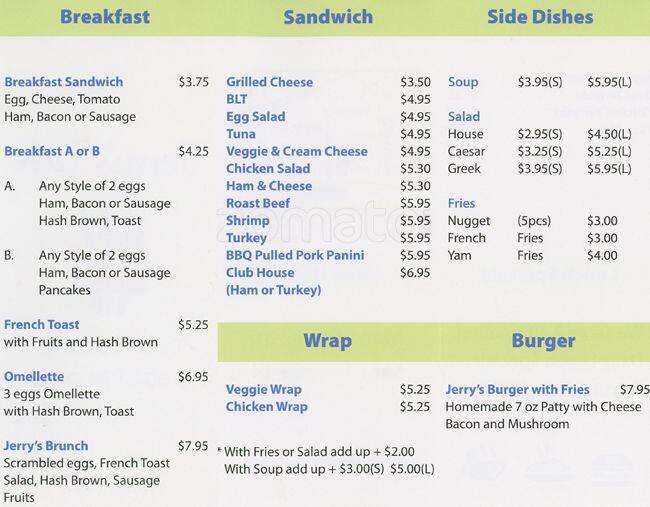Menu at Jerry's Cafe, North Vancouver