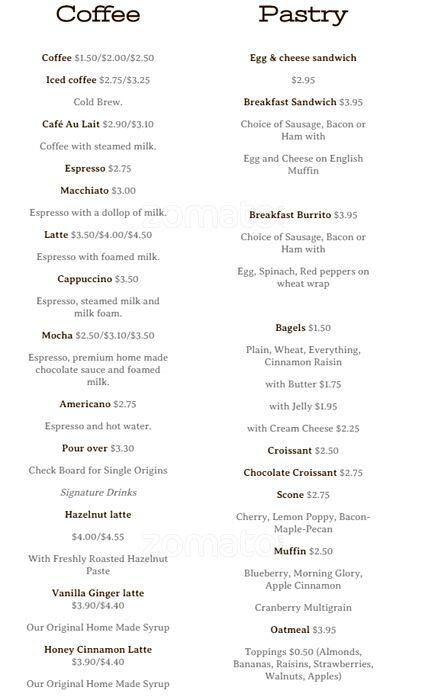 Menu at Thinking Cup cafe, Boston, 85 Newbury St