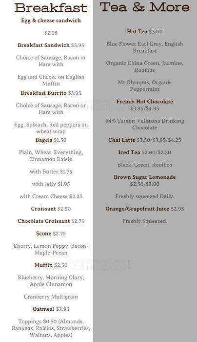 Menu at Thinking Cup cafe, Boston, 85 Newbury St