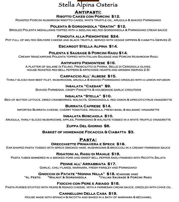 Menu at Stella Alpina restaurant, Burlingame