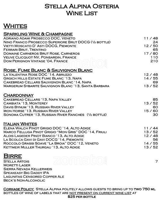 Menu at Stella Alpina pub & bar, Burlingame