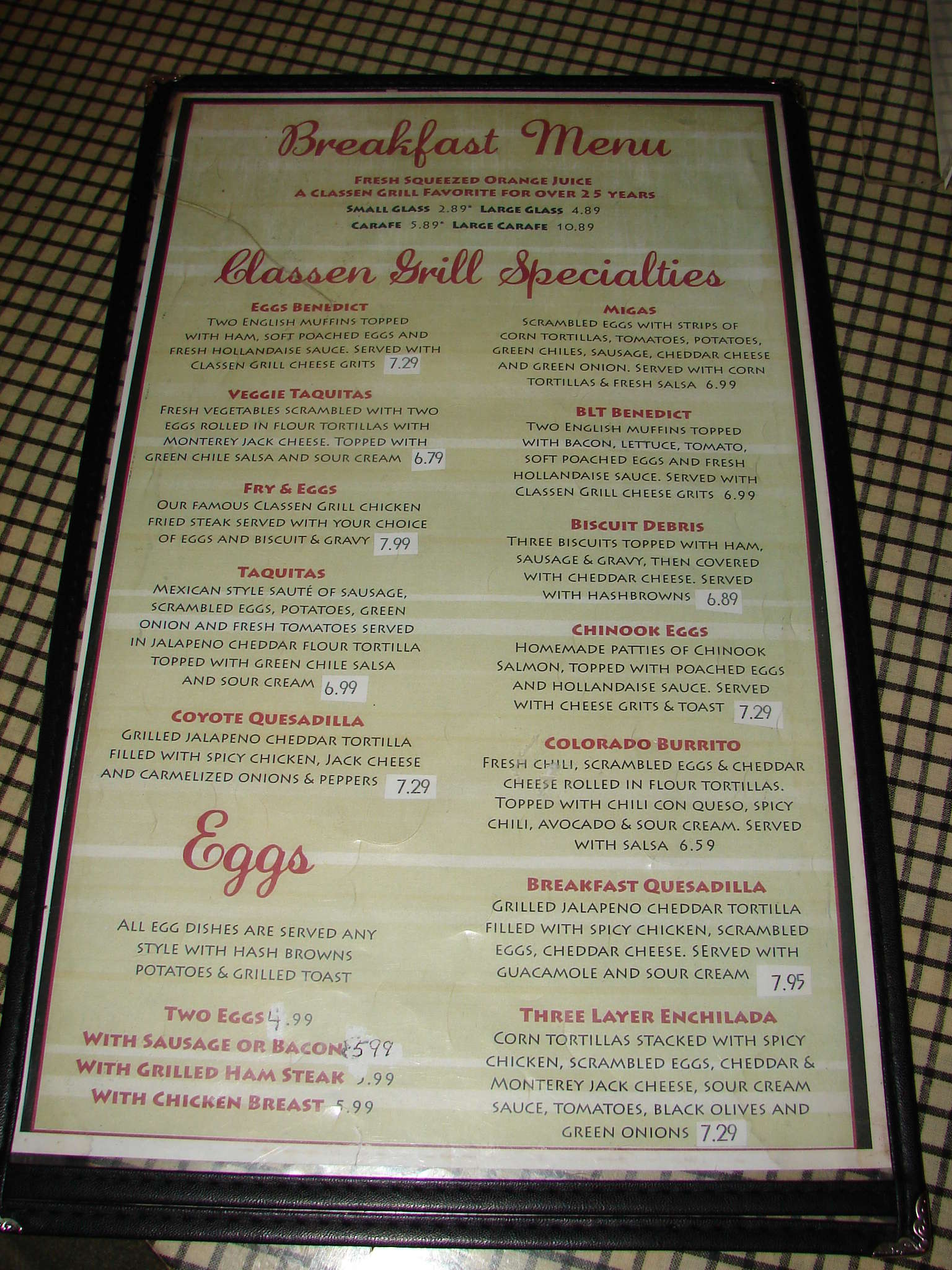 Menu at Classen Grill restaurant, Oklahoma City