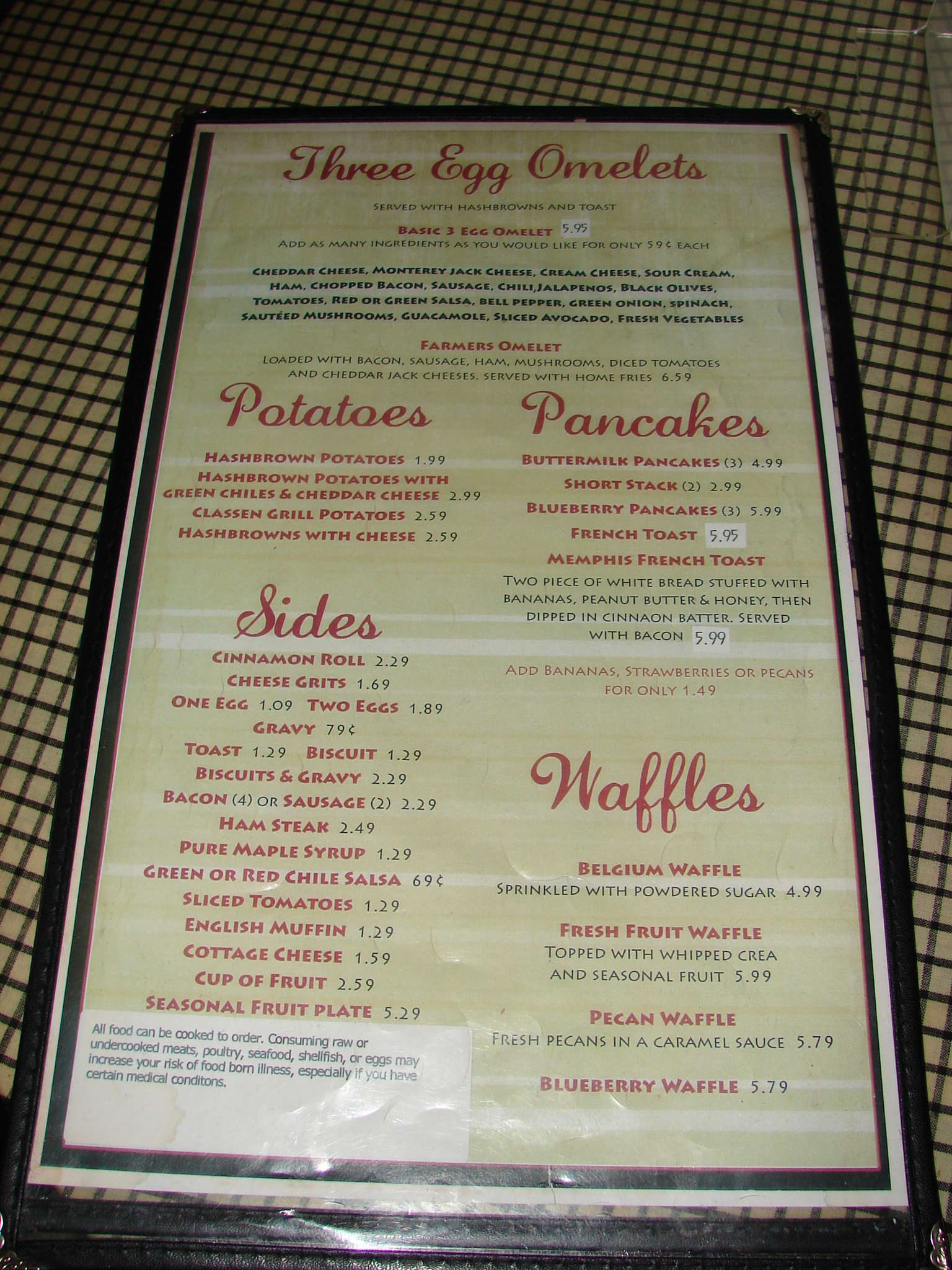 Menu at Classen Grill restaurant, Oklahoma City