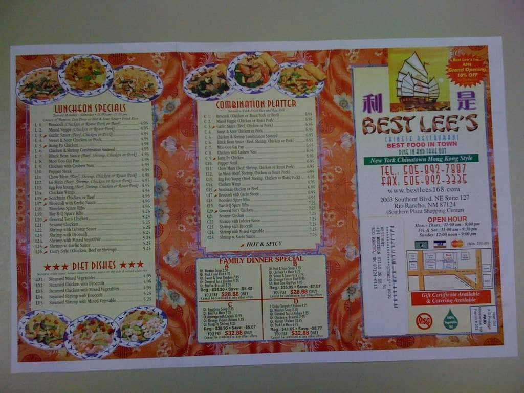Menu at Best Lee's restaurant, Rio Rancho, Southern Blvd SE #127
