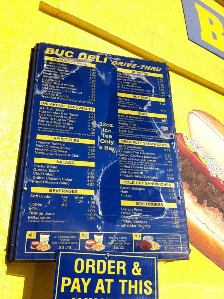 Menu at Buc Deli Drive-Thru restaurant, Johnson City