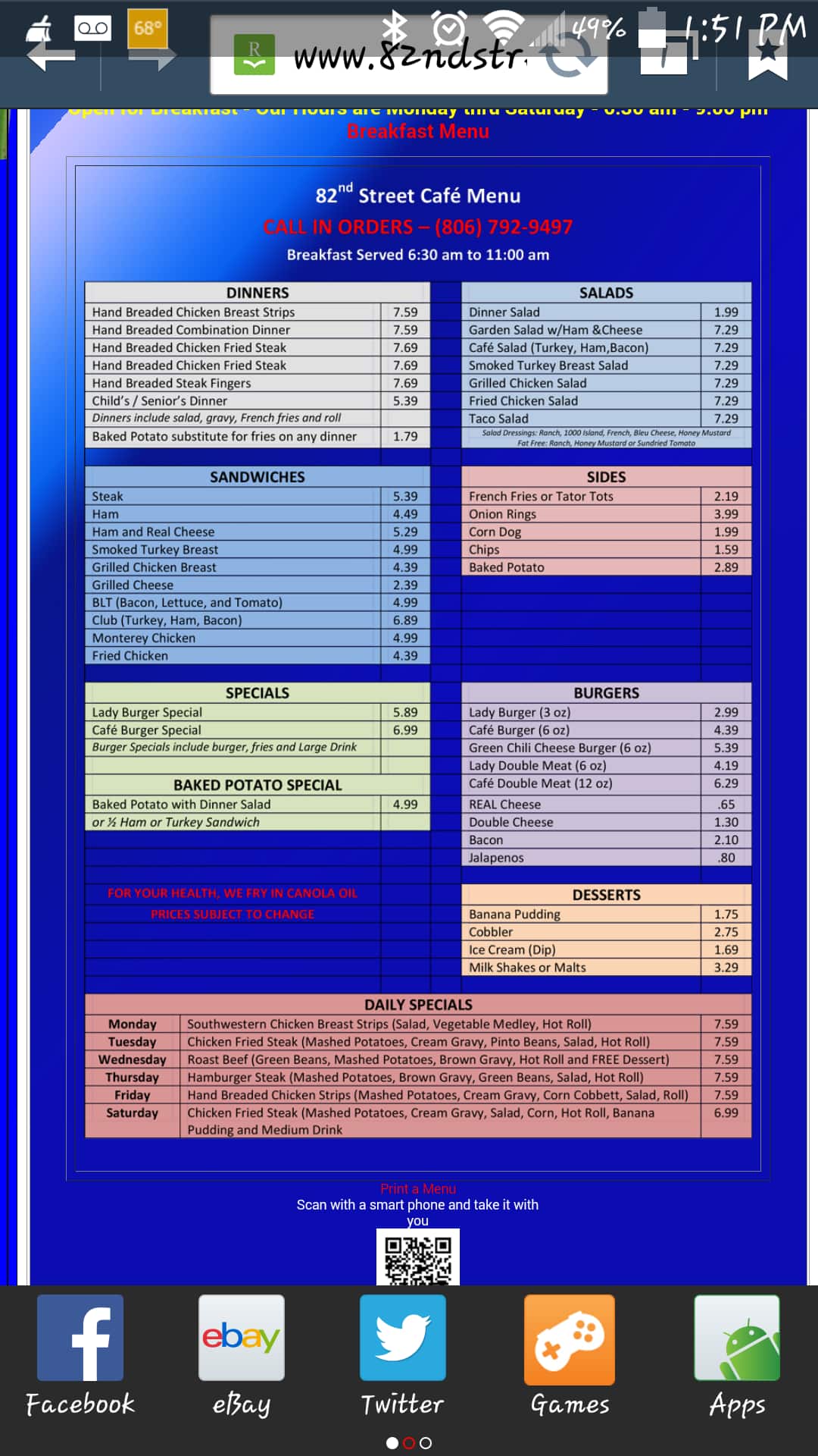 Menu at 82nd Street Cafe, Lubbock, 82nd St
