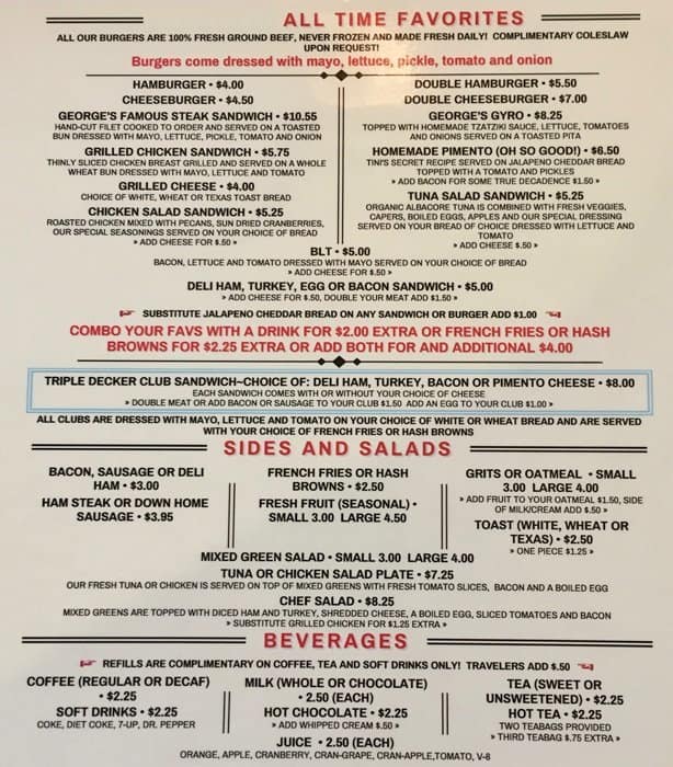 Menu at George's Grill restaurant, Shreveport