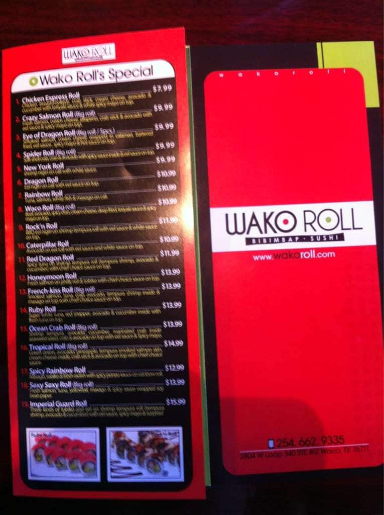 Menu at Wako Roll restaurant, Waco