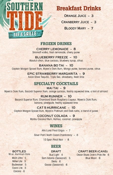 Menu at Southern Tide Bar & Grille, Myrtle Beach