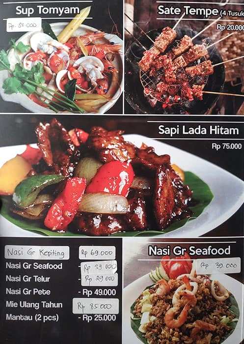 Menu at Cabe Ijo Mahakam restaurant, South Jakarta