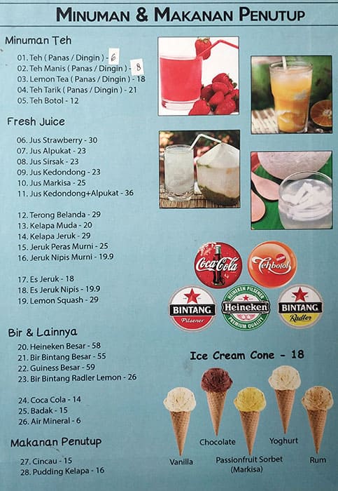 Menu at Cabe Ijo Mahakam restaurant, South Jakarta