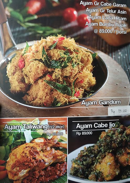 Menu at Cabe Ijo Mahakam restaurant, South Jakarta