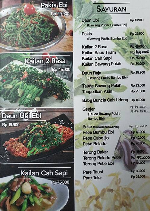 Menu at Cabe Ijo Mahakam restaurant, South Jakarta