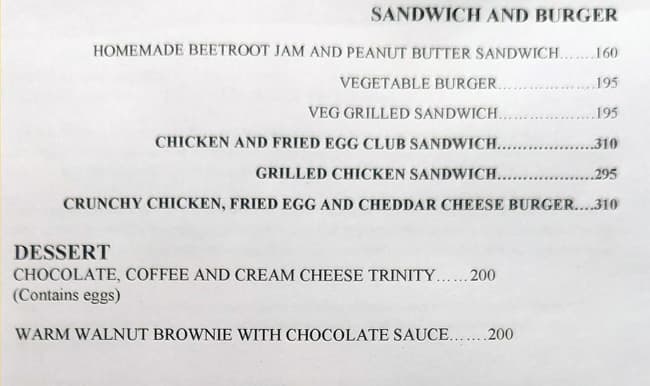 Menu at The Criterion Cafe, Mussoorie