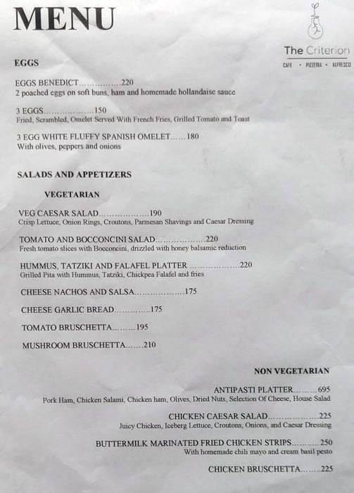 Menu at The Criterion Cafe, Mussoorie