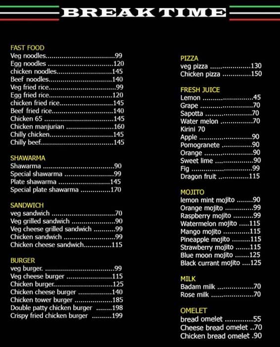 Menu of Break Time, Pallavaram, Chennai