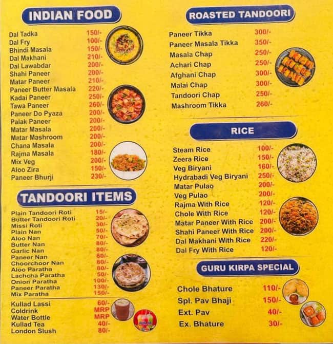 Menu of Guru Kripa Restaurant, Chandni Chowk, New Delhi