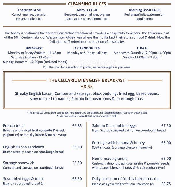 Cellarium Cafe Menu, Menu for Cellarium Cafe, Westminster, London ...